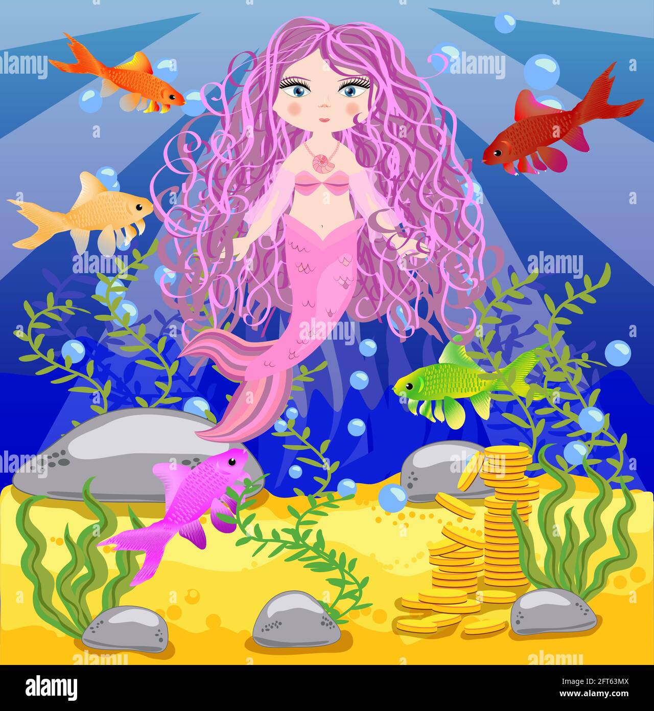background with an underwater world in a children's style. A mermaid ...