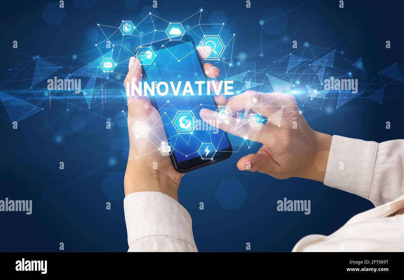 Hand using smartphone with technology concept Stock Photo - Alamy