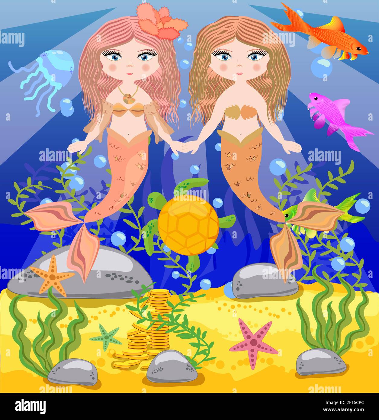 background with an underwater world in a children's style. Two mermaids ...