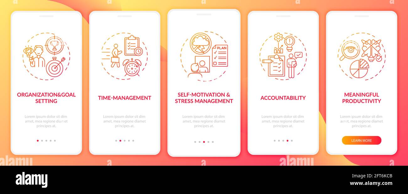 Self-management skills red onboarding mobile app page screen with concepts Stock Vector Image ...