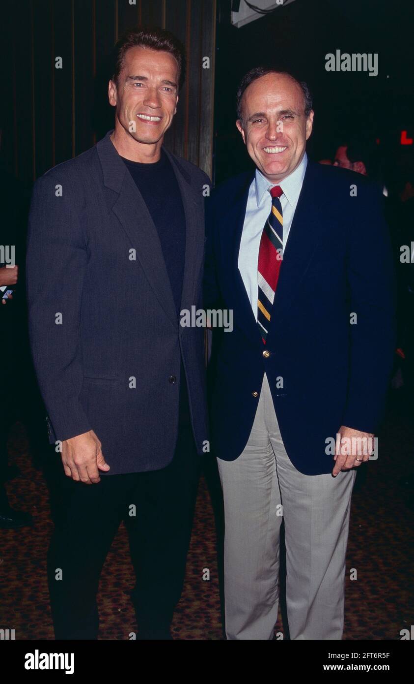 Arnold Schwarzenegger and Rudolph Giuliani attend the premiere of ...