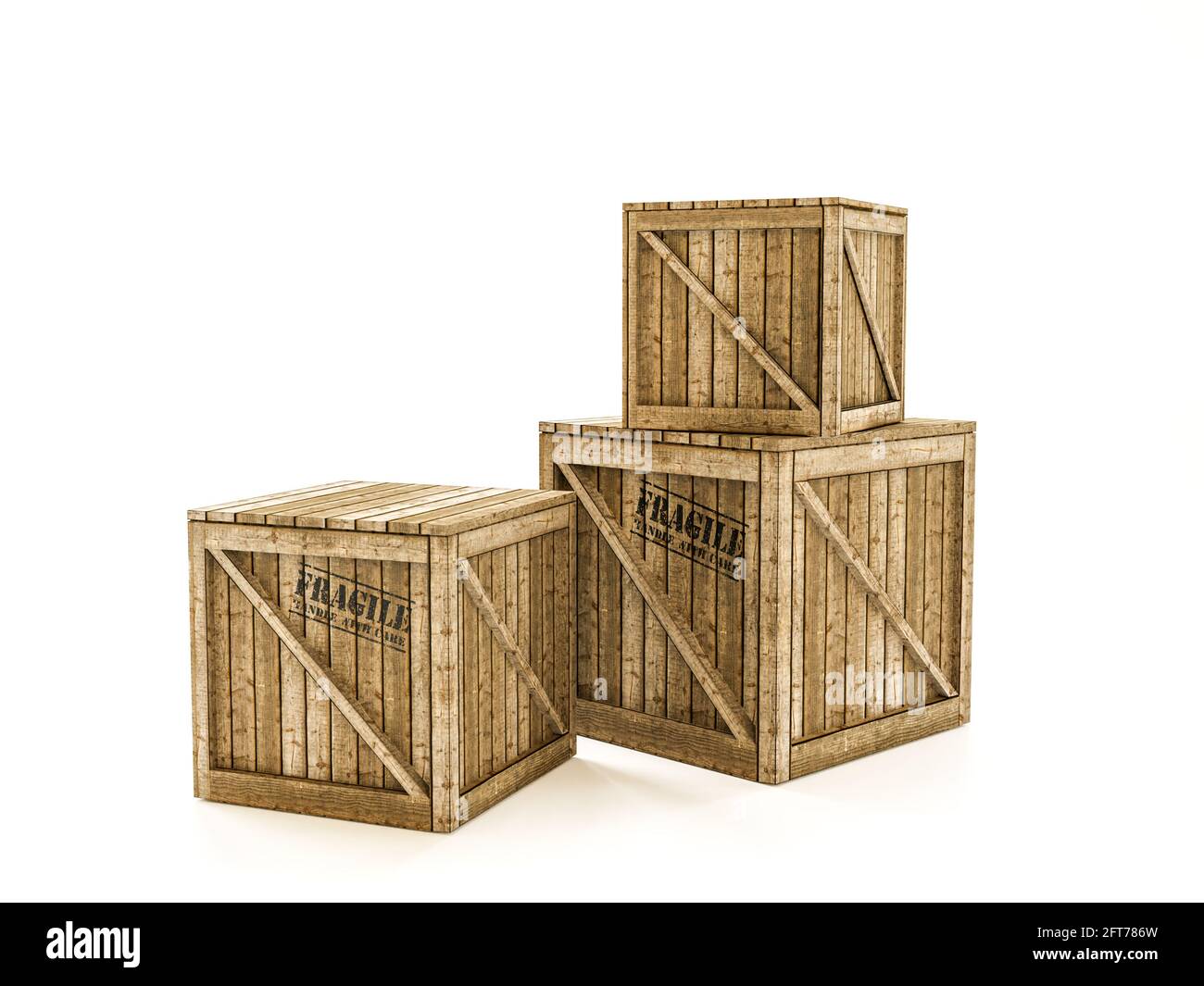 3D rendering of three wooden shipping crates on white background Stock ...