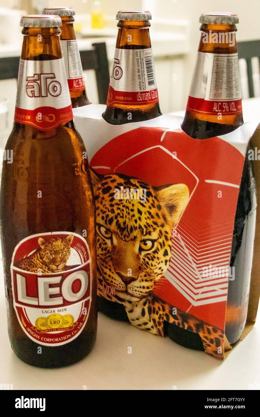 Bangkok Thailand 22. Mai 2018 Leo beer from Thai supermarket, in Huai ...