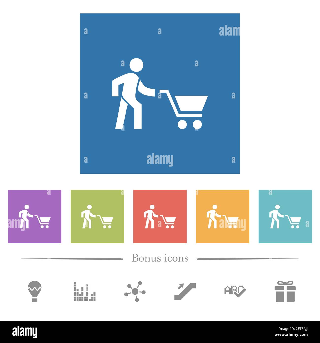 Shopping person with cart flat white icons in square backgrounds. 6 ...
