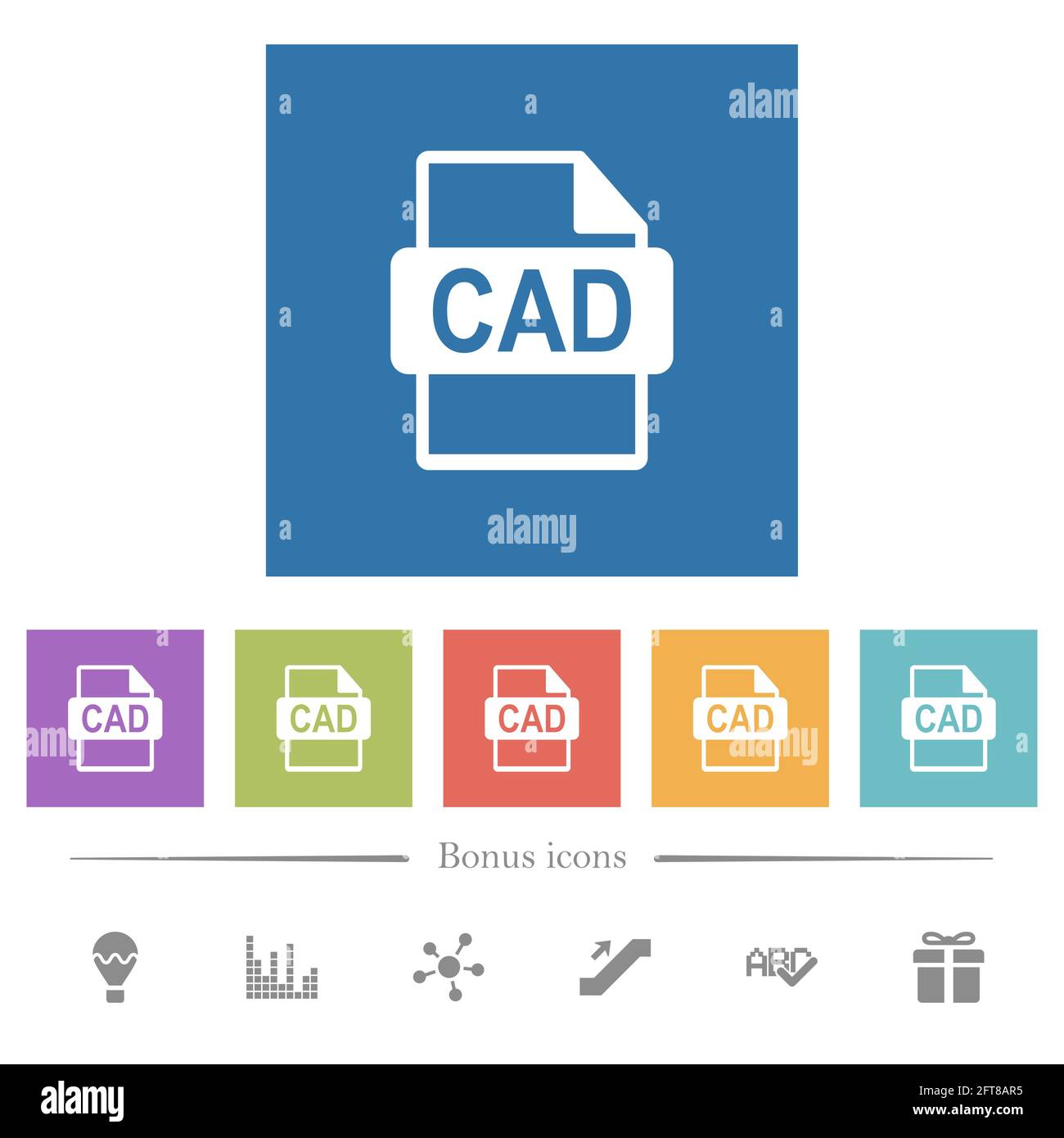 CAD file format flat white icons in square backgrounds. 6 bonus icons ...