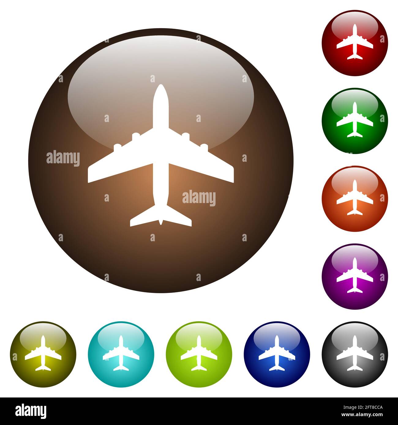 Passenger aircraft white icons on round glass buttons in multiple ...