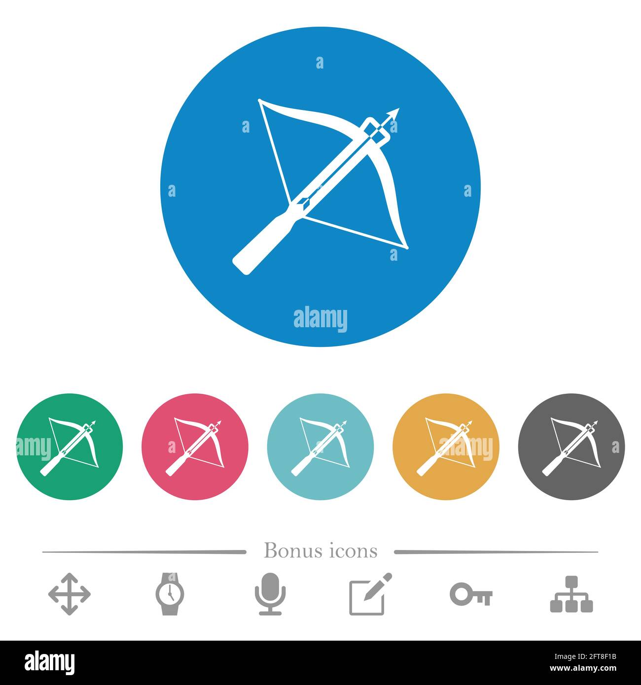 Crossbow with arrow flat white icons on round color backgrounds. 6 bonus icons included Stock ...
