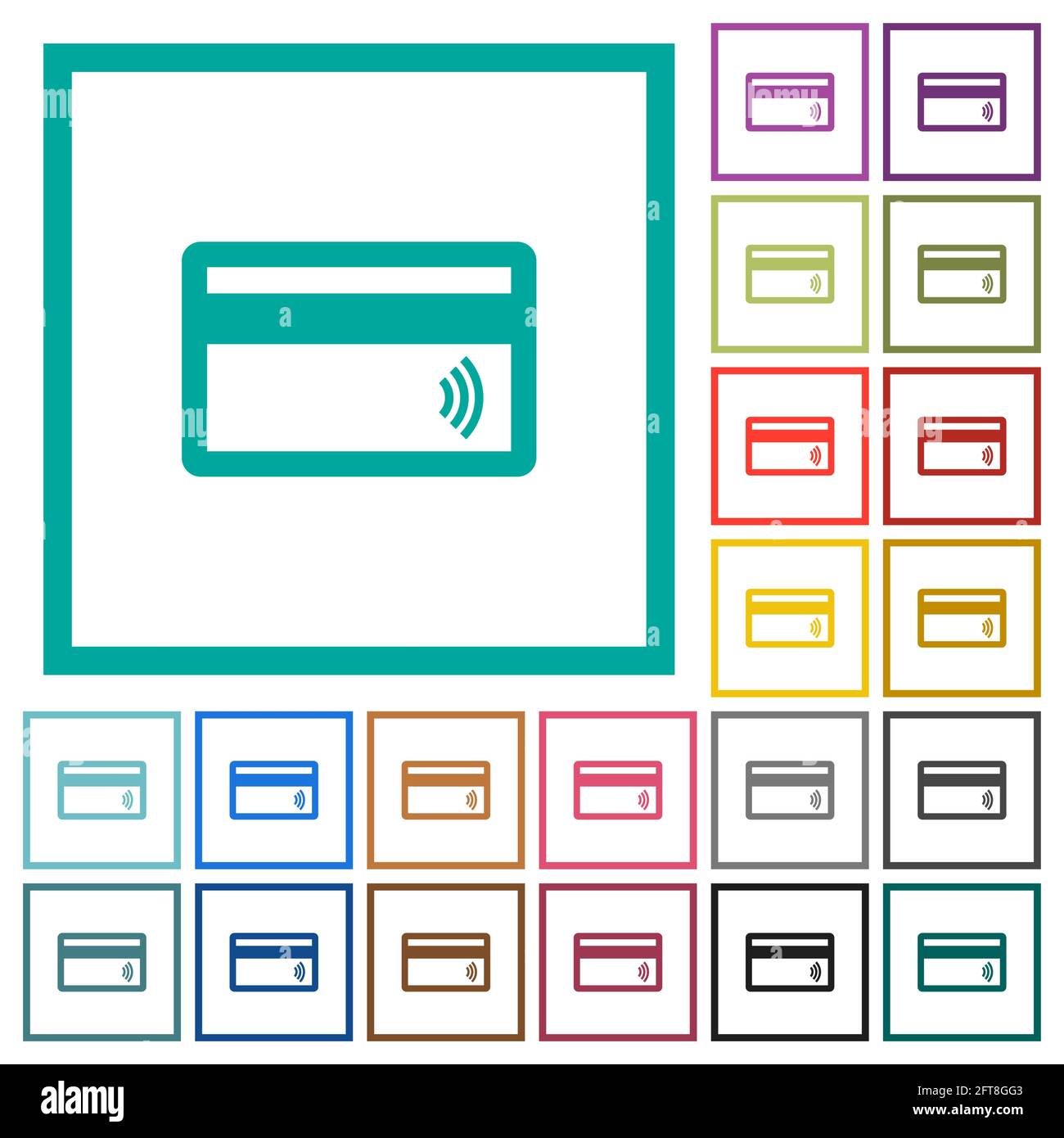 Contactless credit card flat color icons with quadrant frames on white ...