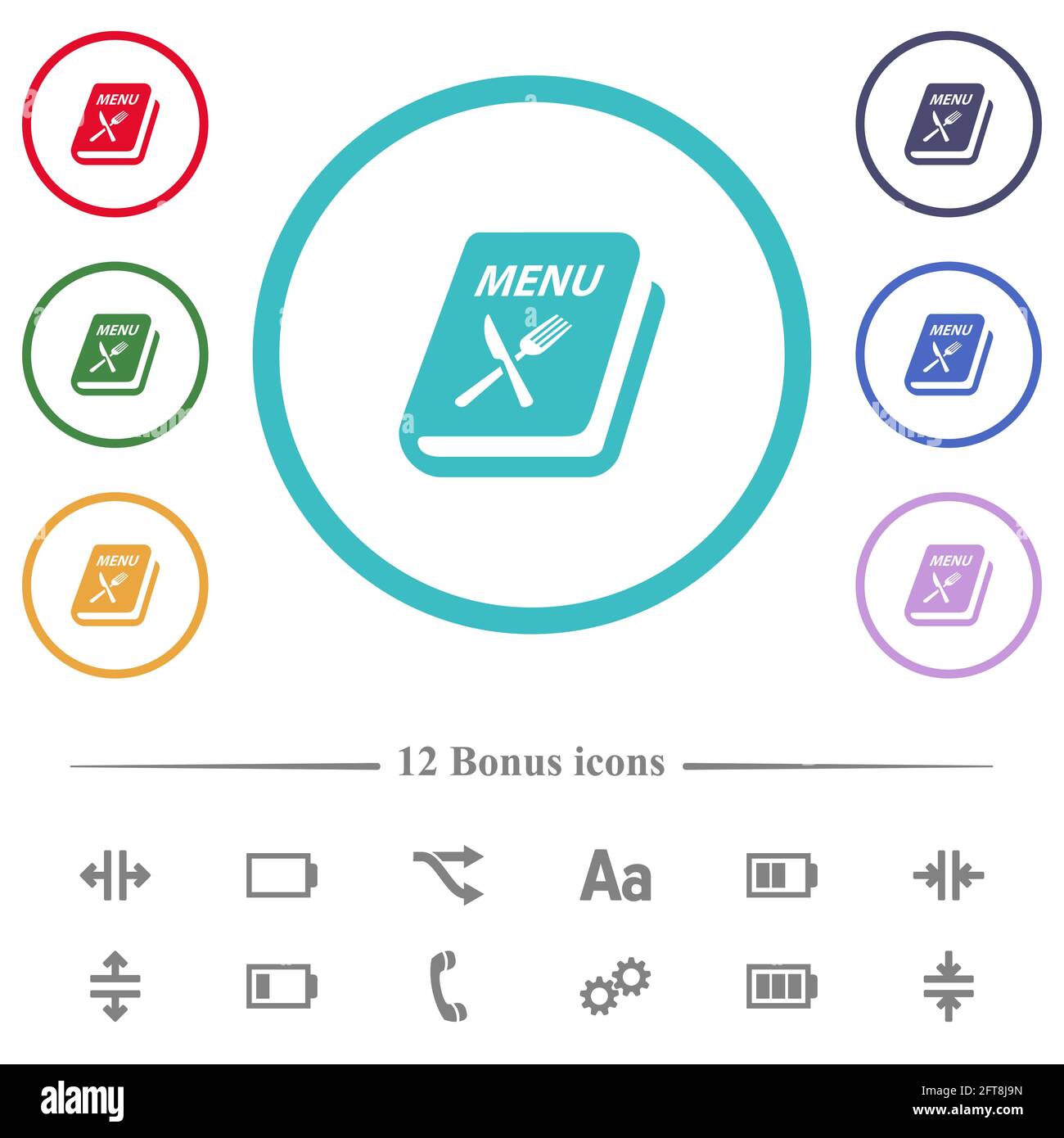 Menu with fork and knife flat color icons in circle shape outlines. 12 ...