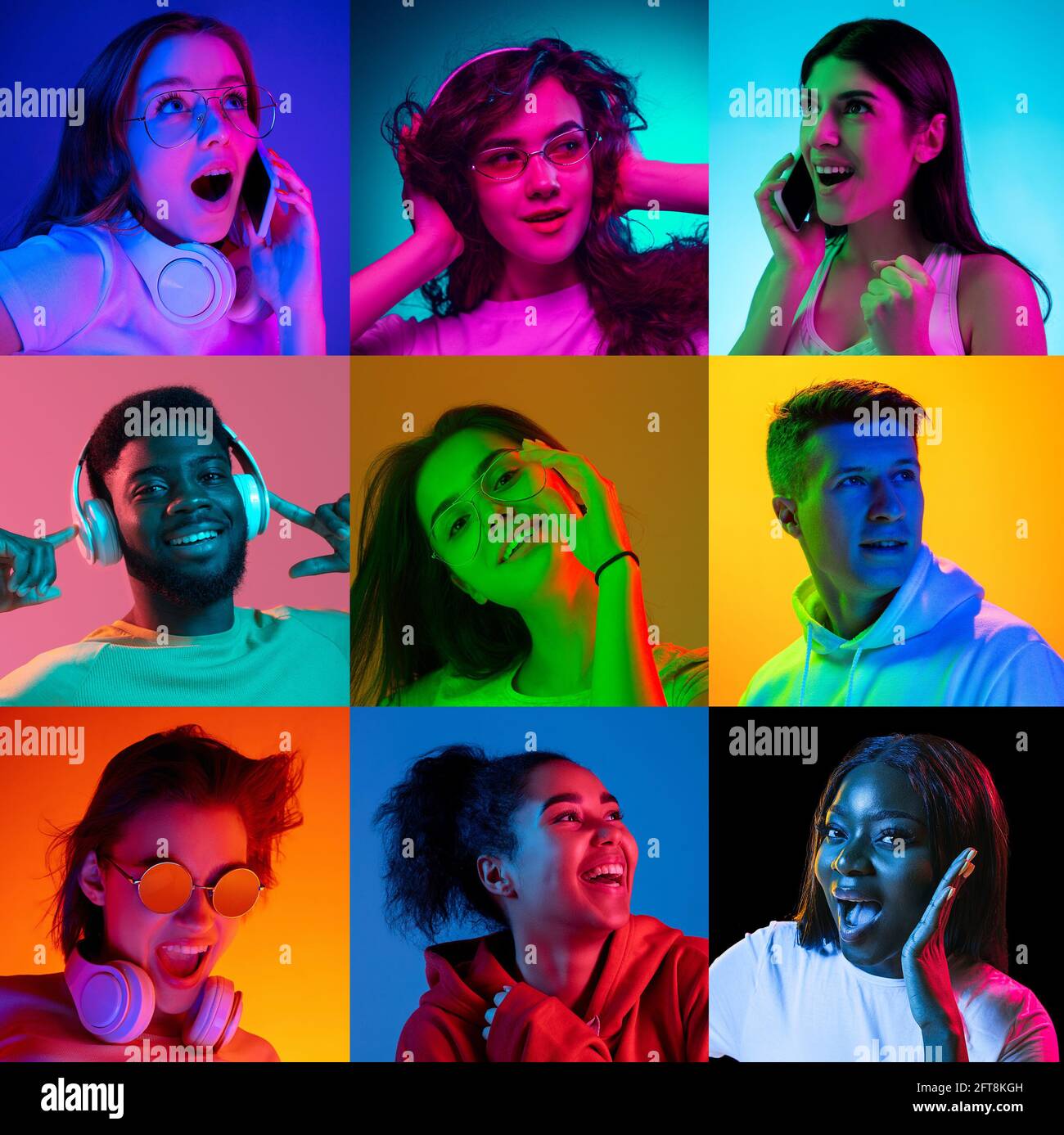 Portraits of group of people on multicolored background in neon light ...