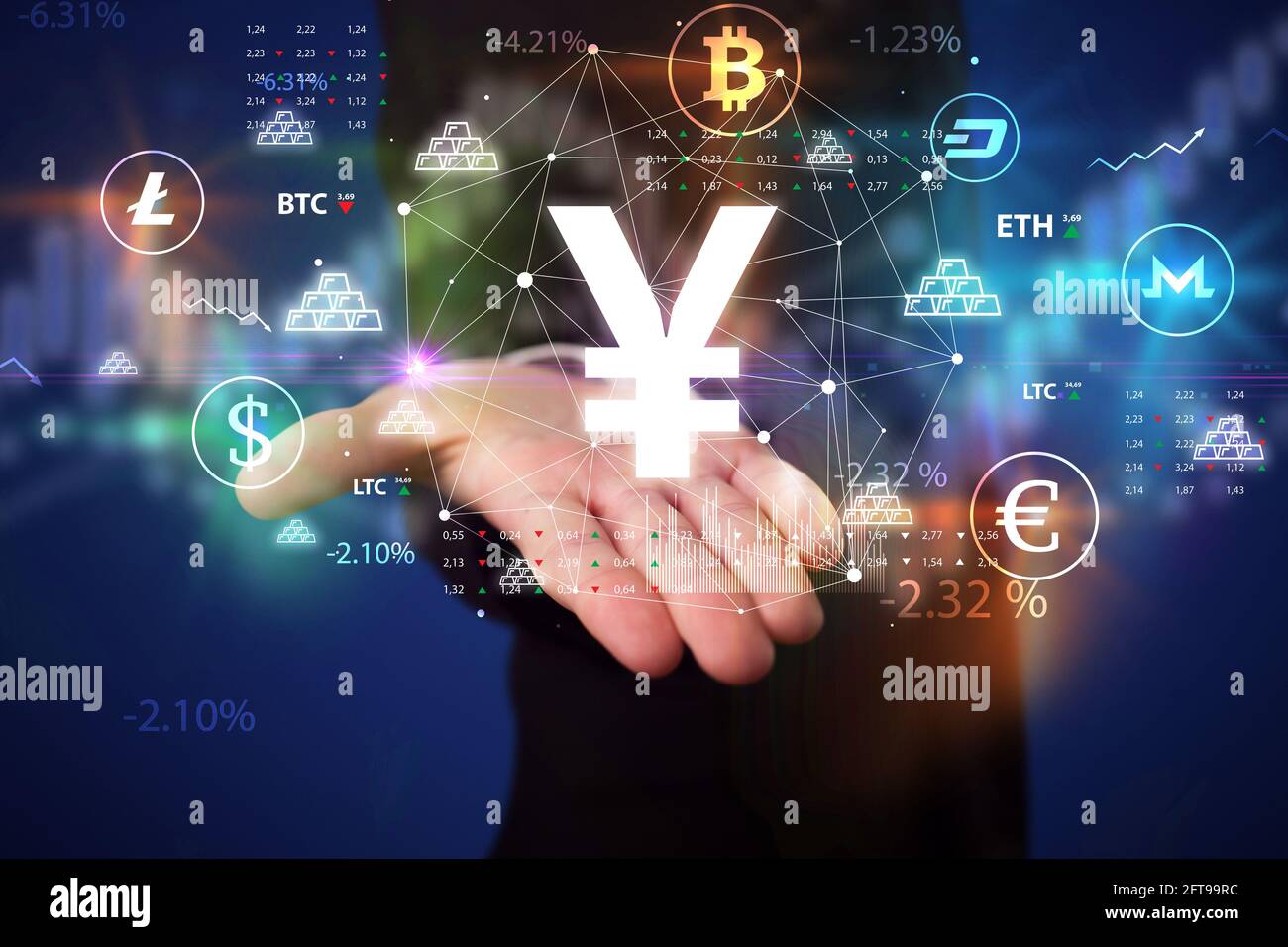 Businessman holding currency symbols concept Stock Photo - Alamy