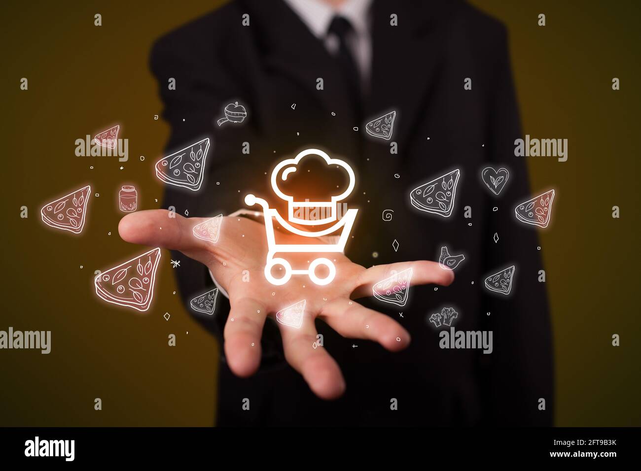 Hand holding food related icons Stock Photo - Alamy