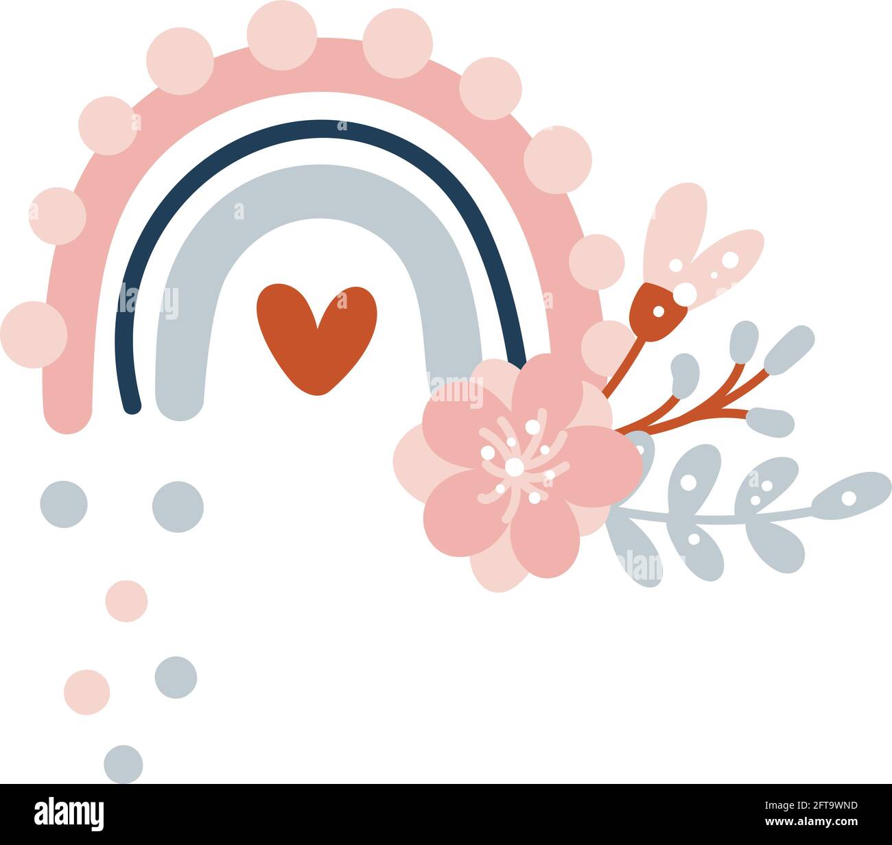 Vector spring rainbow with bouquet and hearts. Cartoon hand drawn ...