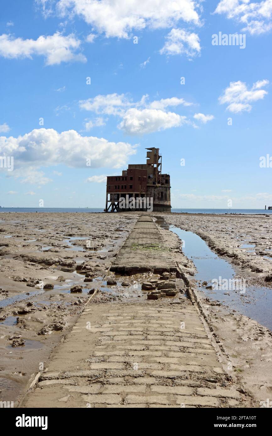 Causeway to Grain Tower Battery on the Medway Estuary Kent Stock Photo ...