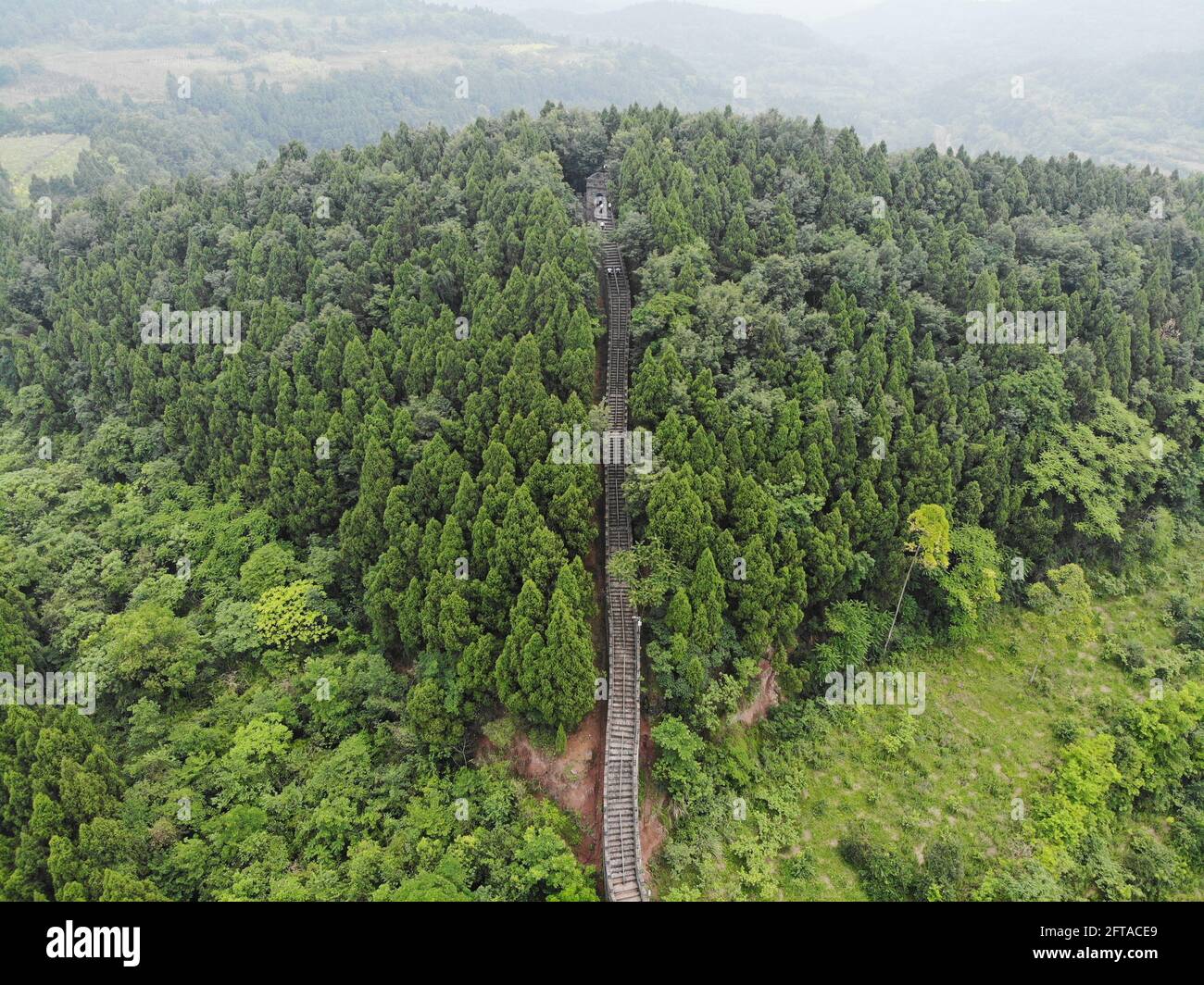 The bird view of ancient Jinlong Great Wall in deep mountain in Chengdu ...