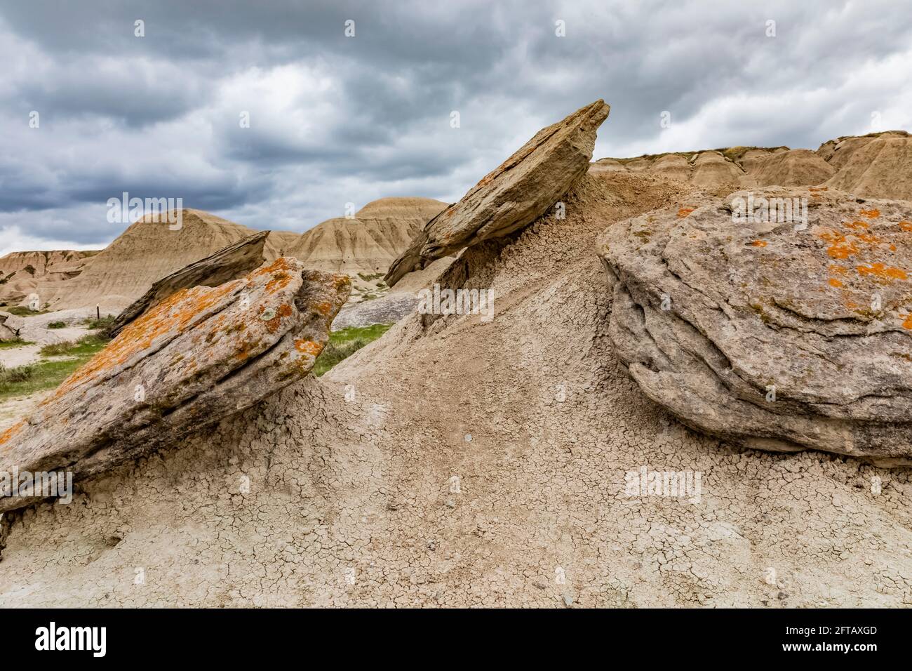 Sandstone blocks sit atop unstable soft clay in Toadstool Geologic Park ...