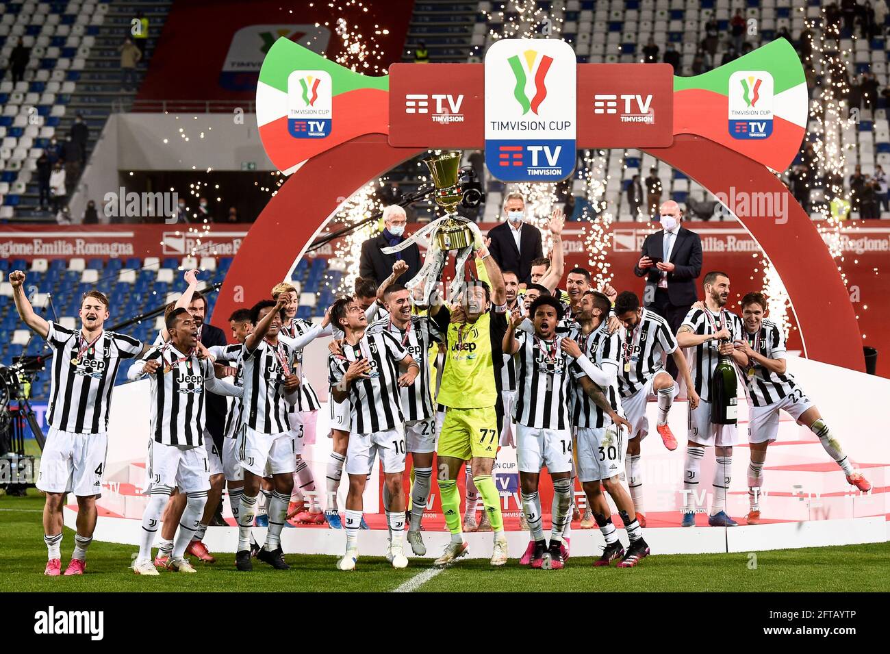 Reggio Emilia, Italy. 19 May 2021. Gianluigi Buffon of Juventus FC lift ...