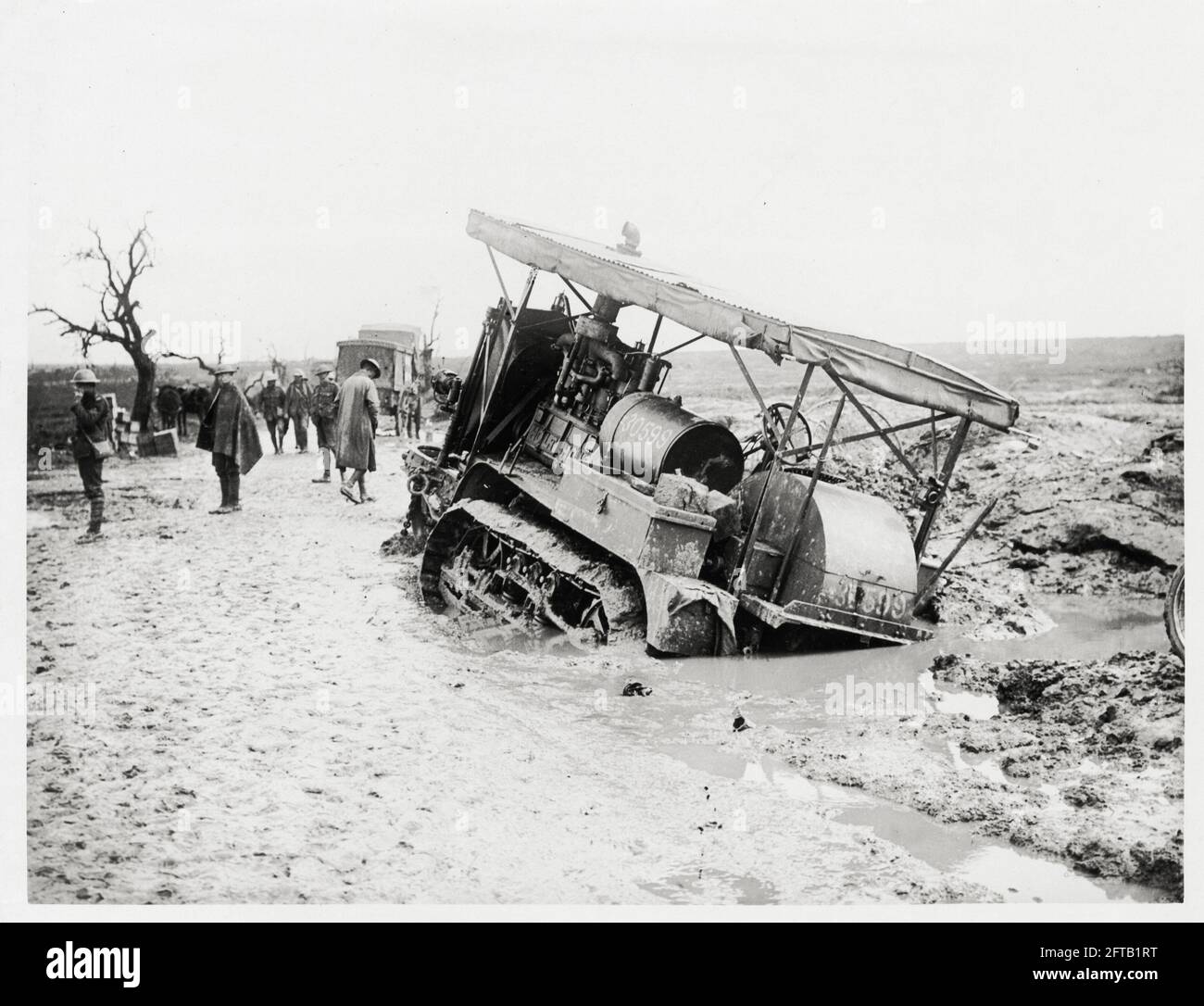 World War One, WWI, Western Front - A steam tractor stuck in mud and ...