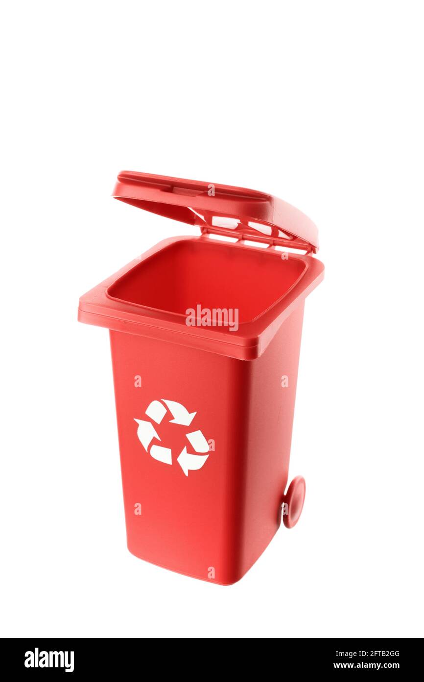 Plastic red trash can isolated on white background Stock Photo - Alamy