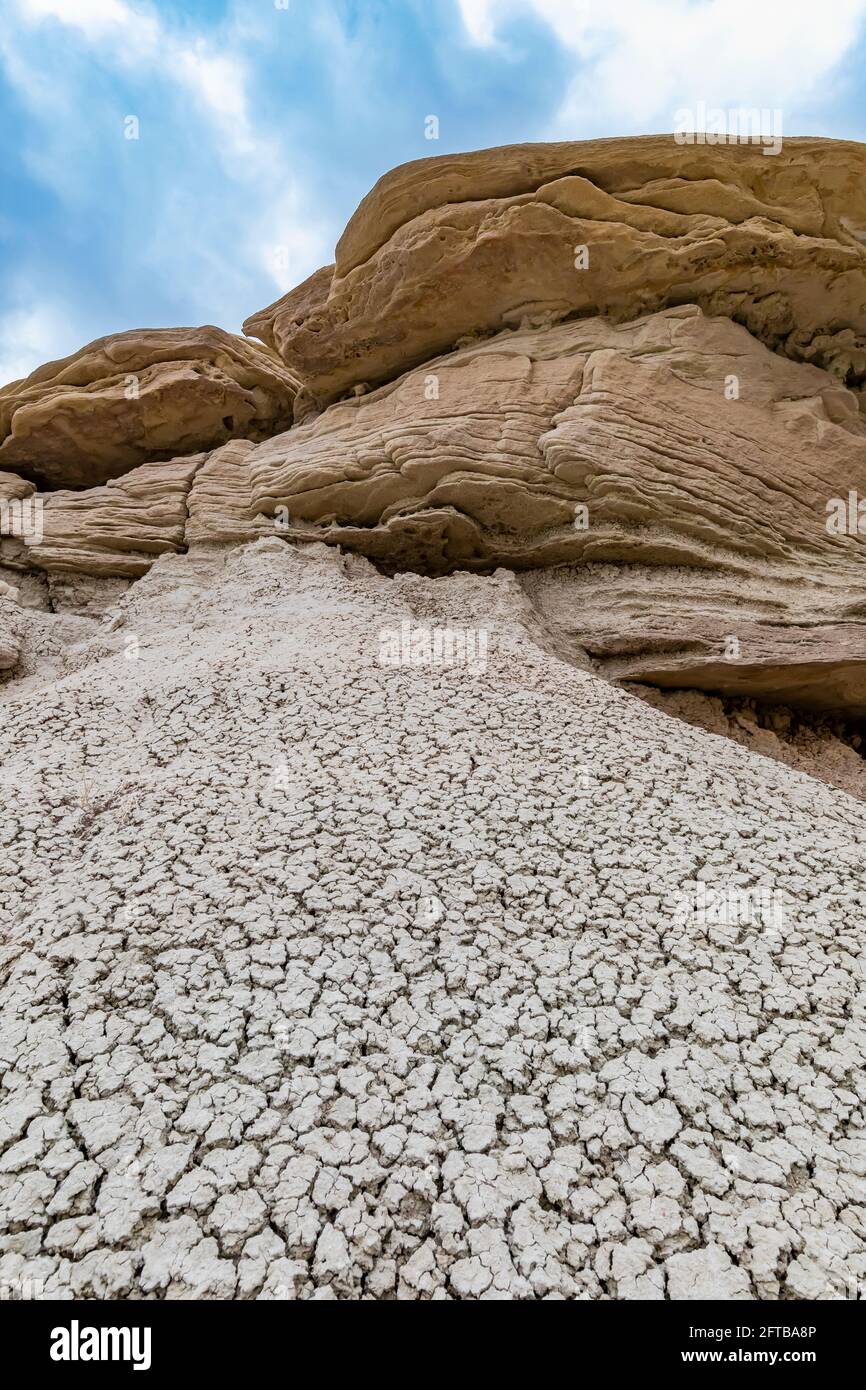 Sandstone formations atop solfter clay in Toadstool Geologic Park ...