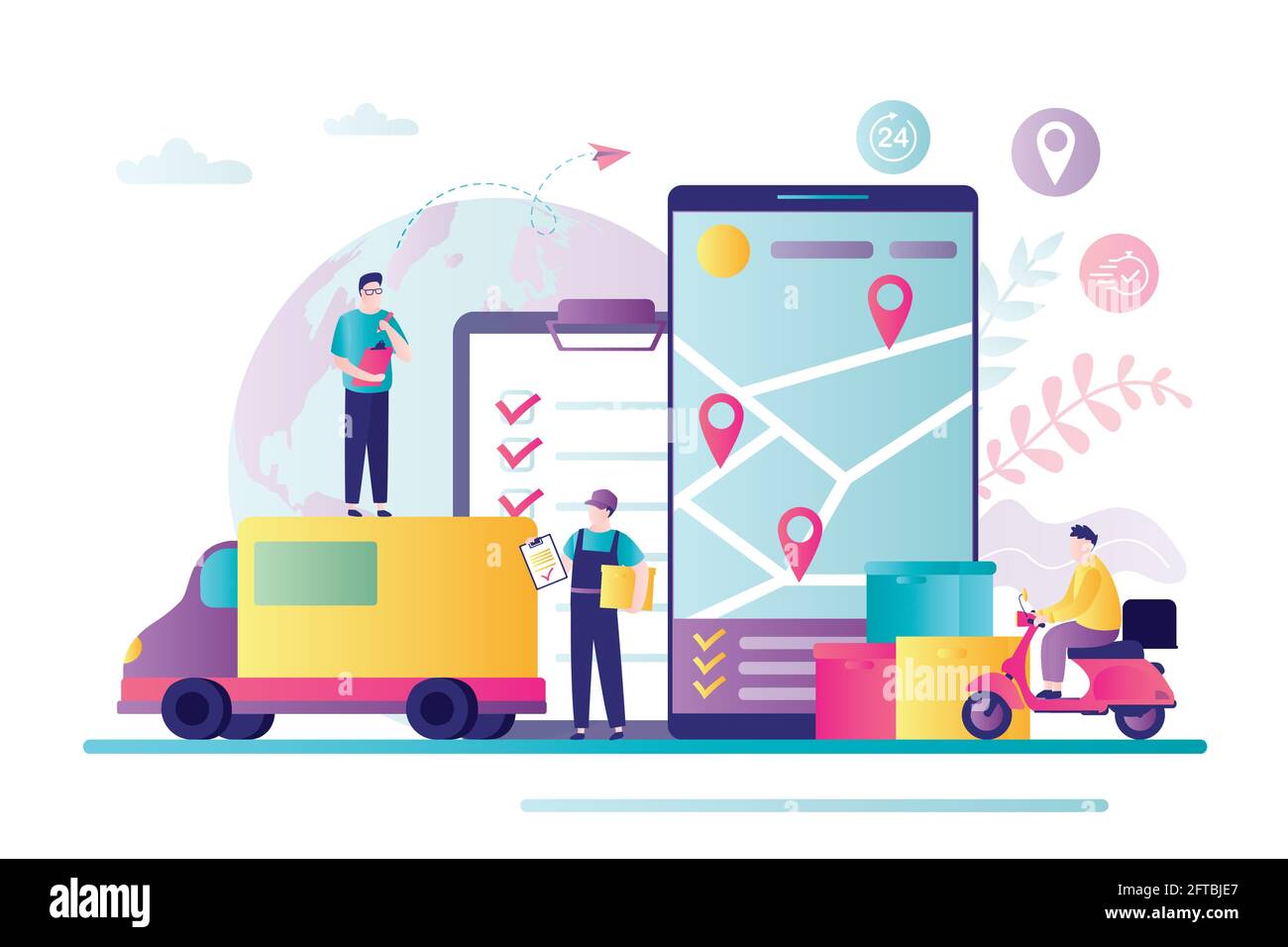 Map with points on smartphone screen. Male courier delivers parcels on motorbike. Concept of ...