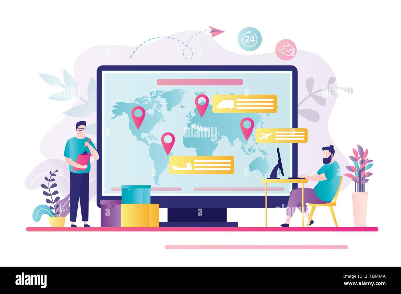 Online tracking of deliveries on computer screen. Male character works ...