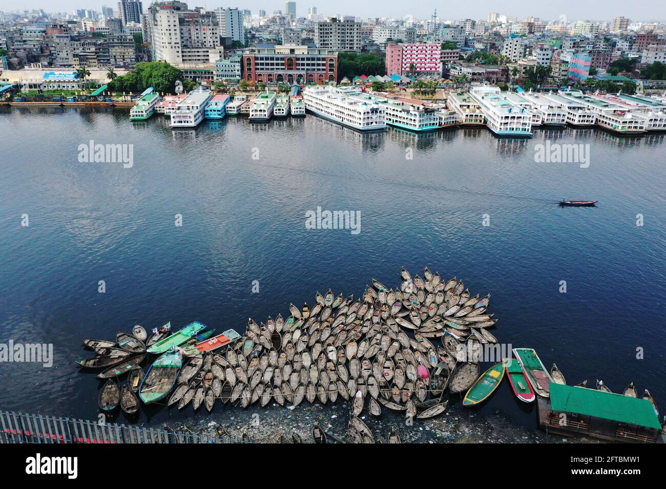 Dhaka, Bangladesh - May 16, 2021: A top view of the Buriganga River ...