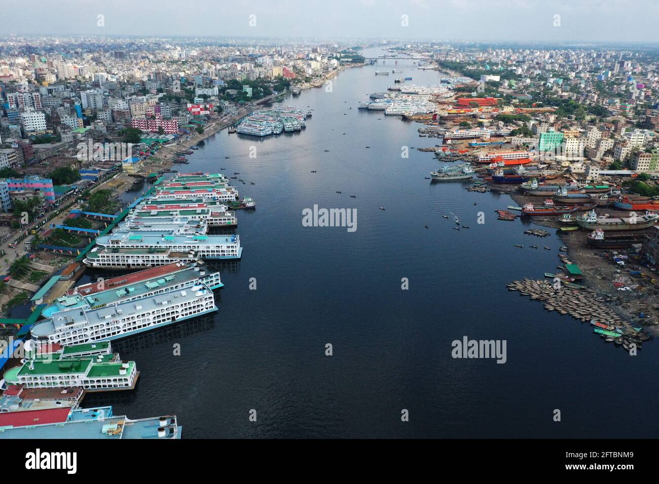 Dhaka, Bangladesh - May 16, 2021: A top view of the Buriganga River ...