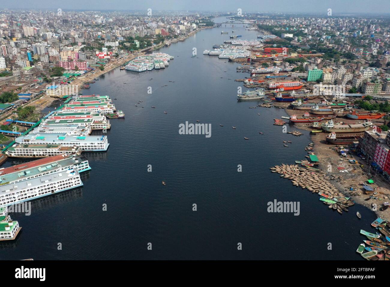 Dhaka, Bangladesh - May 16, 2021: A top view of the Buriganga River ...