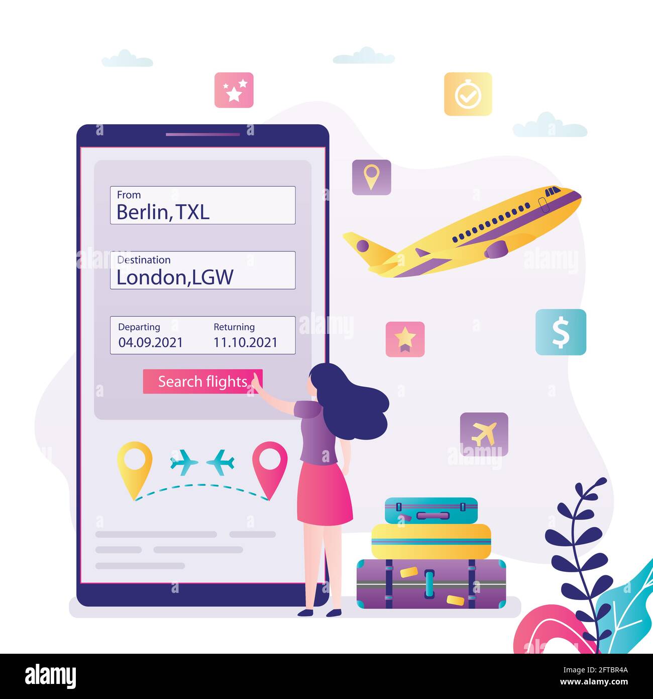 Female character looking tickets for travel. Flight search application ...