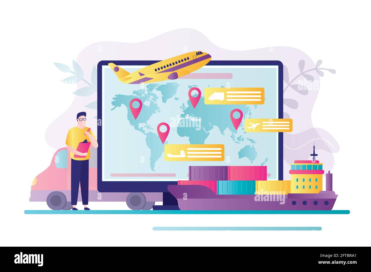 Manager monitors the delivery of parcels. Ship full of various cargo ...