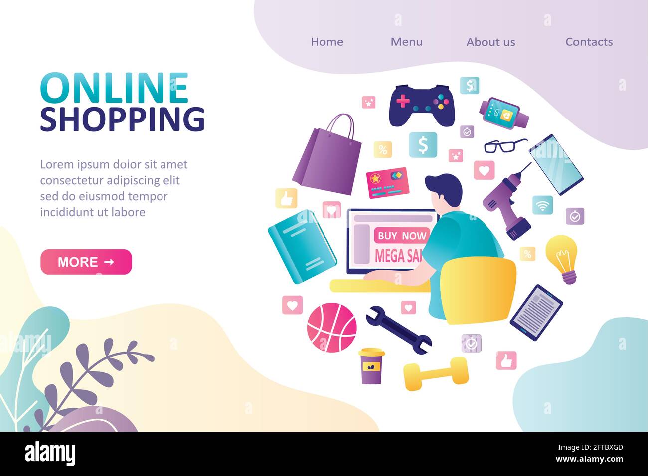 Online shopping landing page template. Male character buying goods and ...
