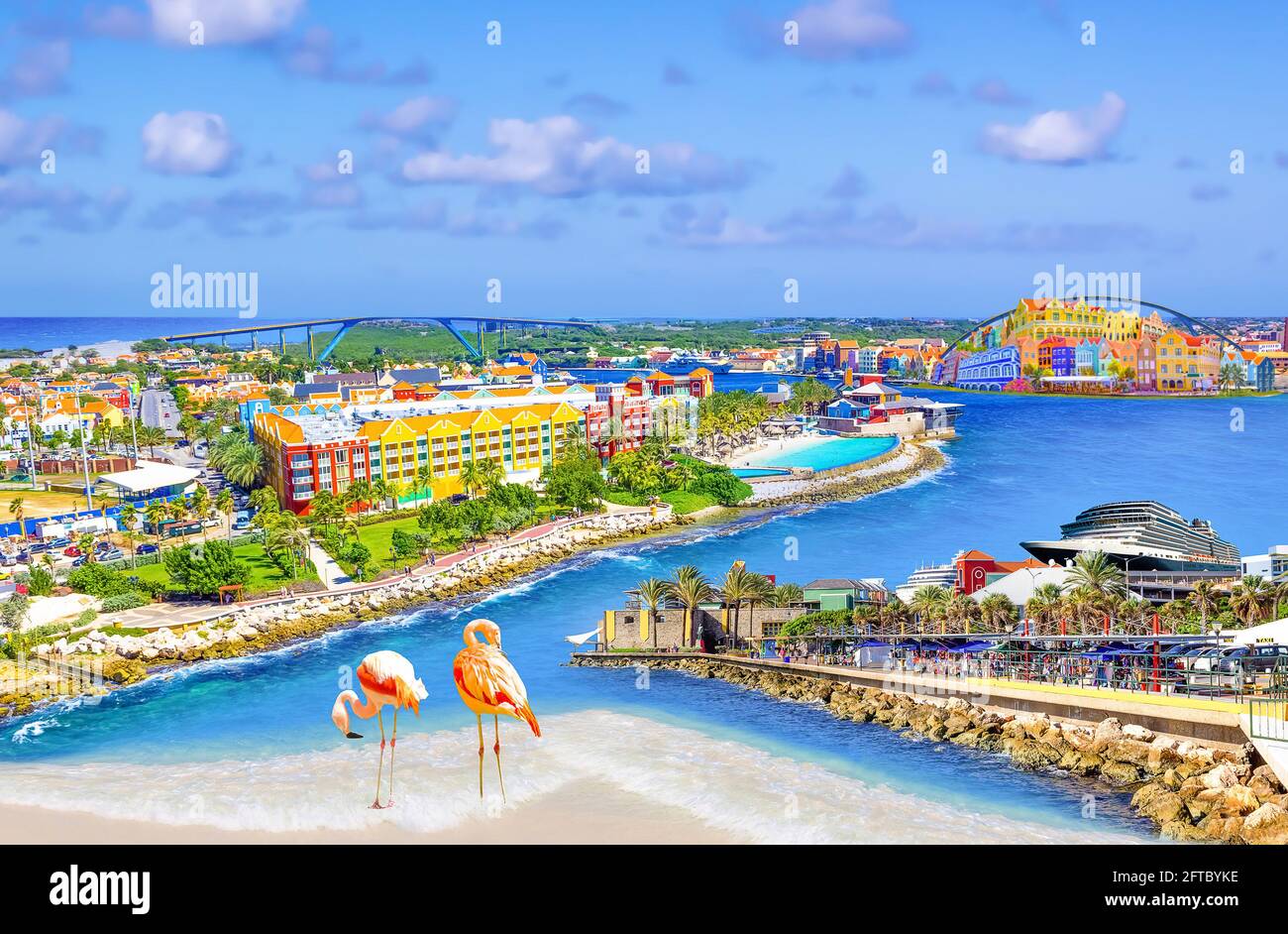 Collage with aerial panorama of Willemstad town in Curacao - The island ...
