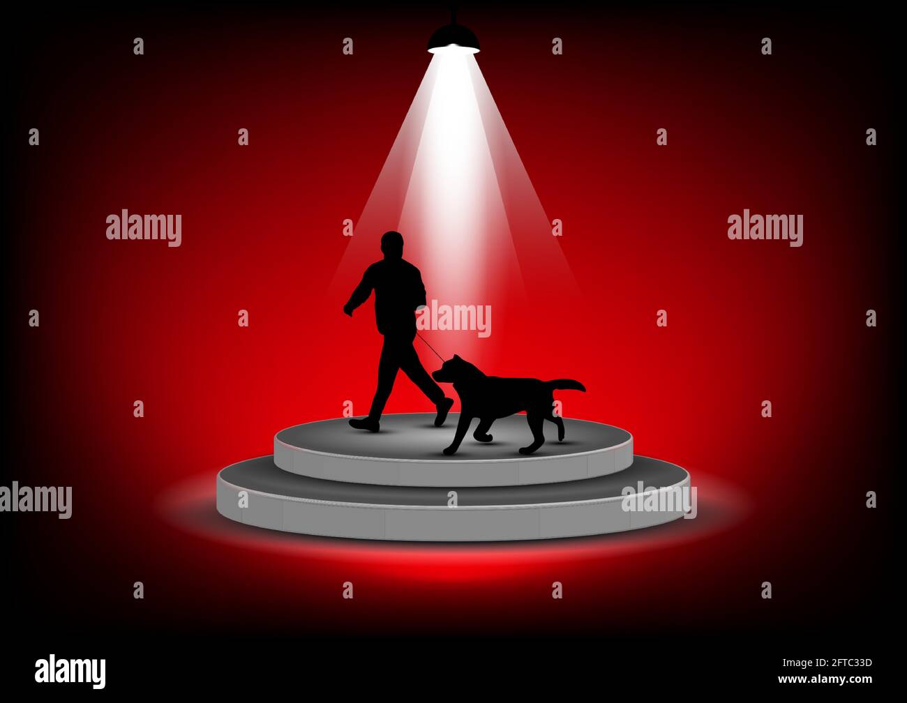 graphics dark silhouette Man and dog on stage podium for show with red ...