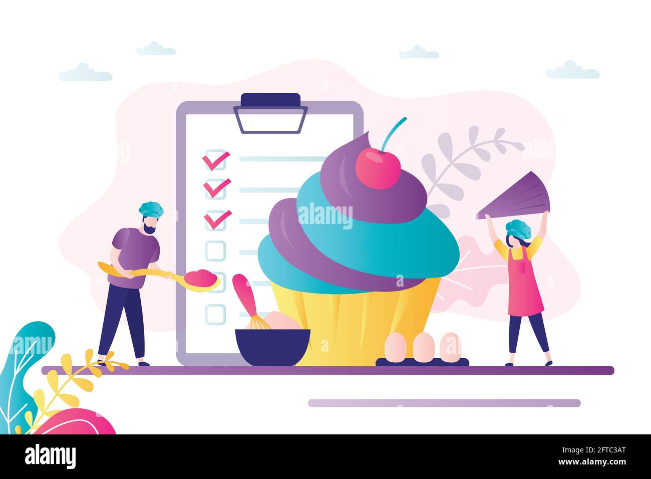 Two pastry chef decorate big cupcake. Professional confectioner chefs ...