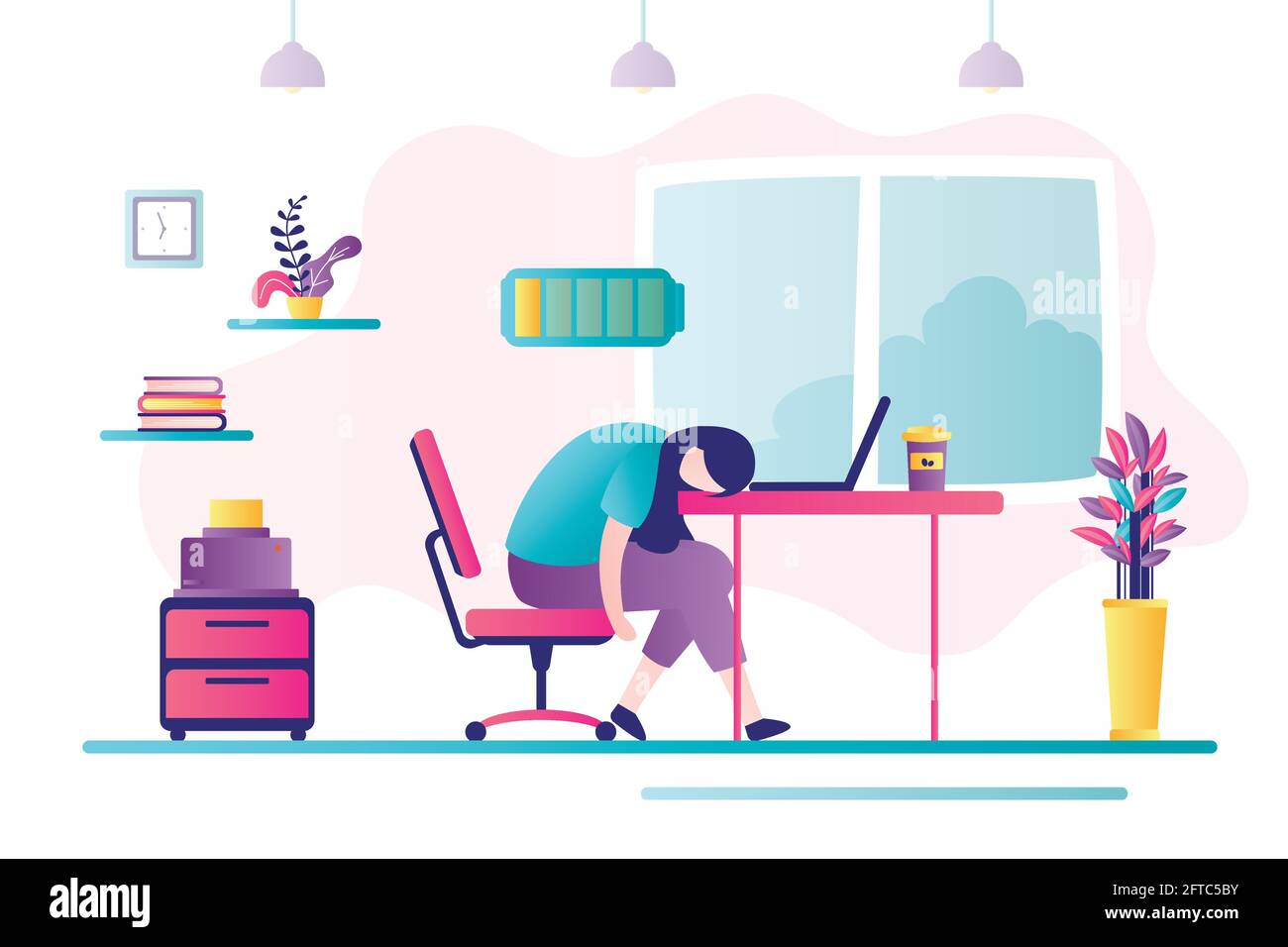 Female character tired at work. Unhappy business woman sits at ...