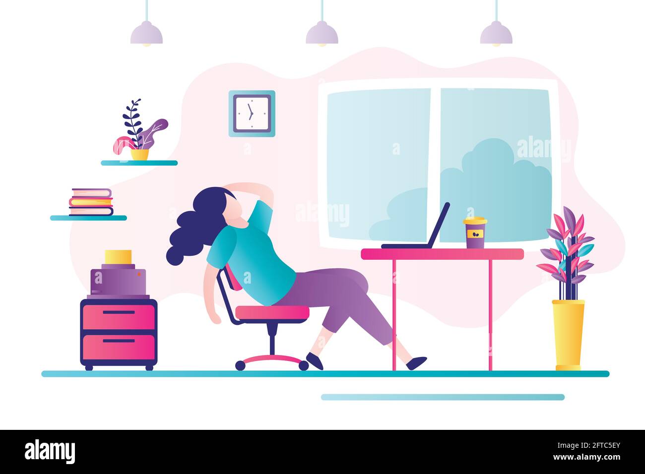 Female character tired at work. Unhappy business woman sits at ...