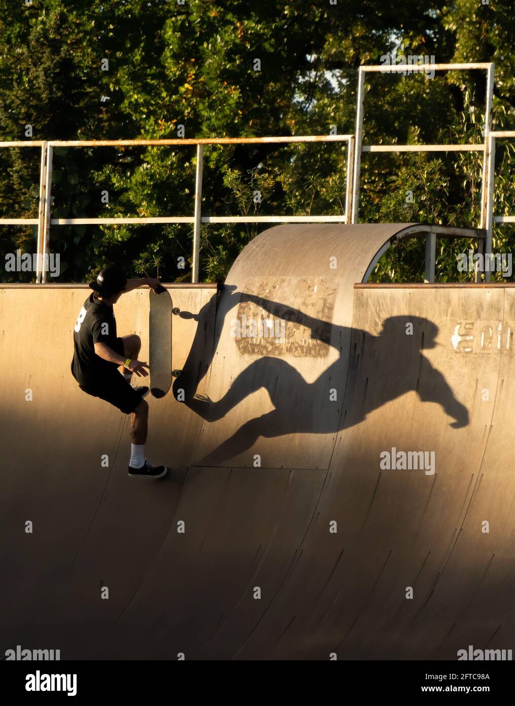 A skateboarder does a trick on a ramp in a skate park Stock Photo - Alamy