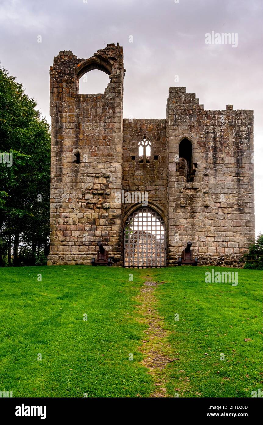 The ruins of the once formidable two-storey 14th century gatehouse of Etal Castle constructed ...