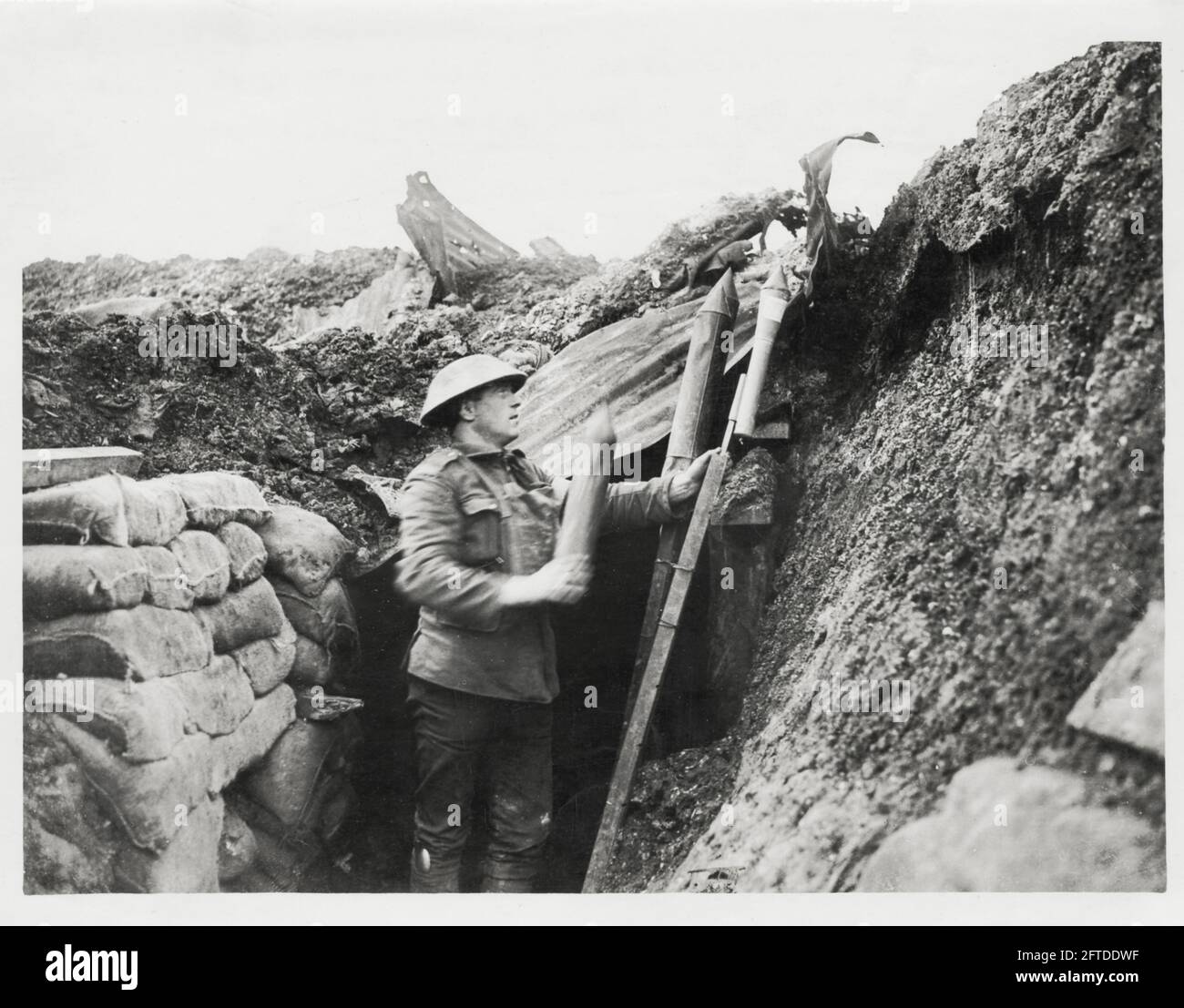 World War One, WWI, Western Front - English trench sentry with rockets ...