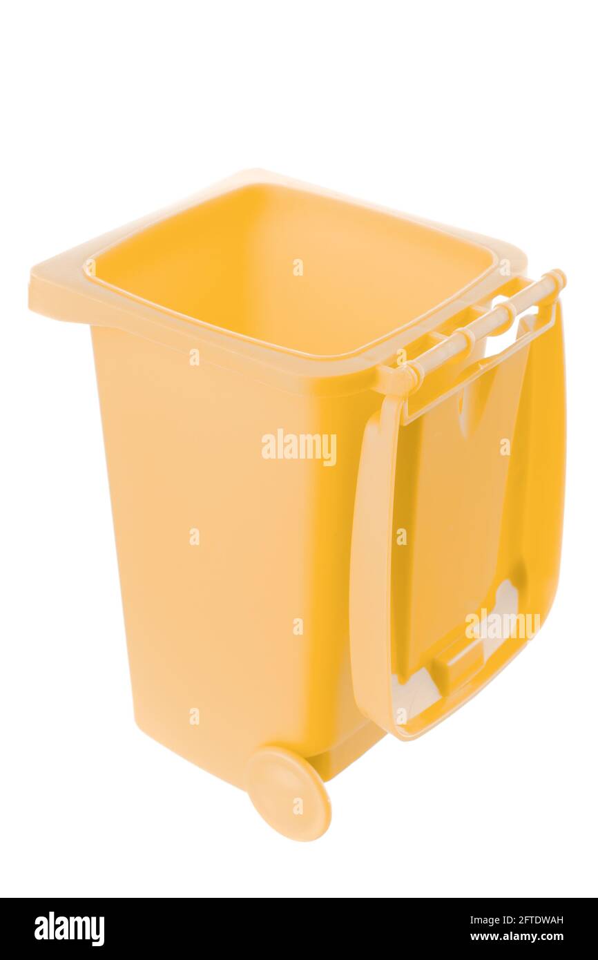Plastic yellow trash can isolated on white background Stock Photo - Alamy
