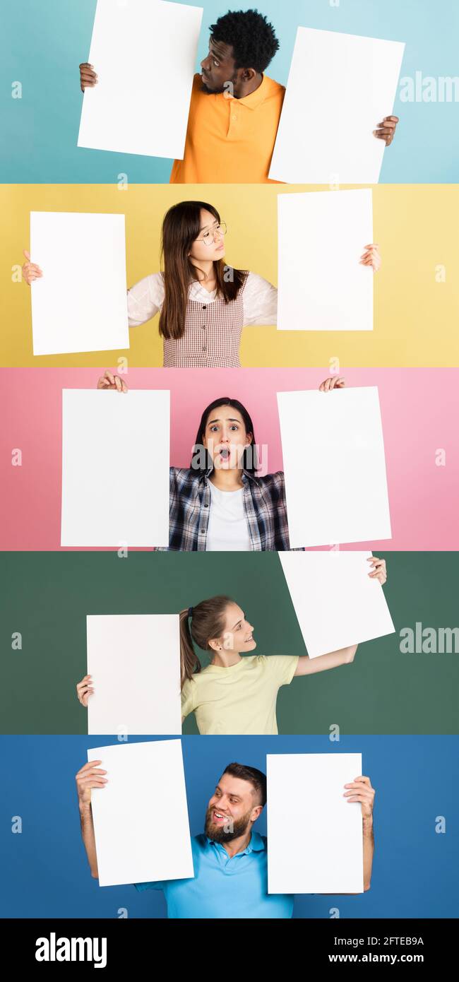 Portraits of group of people on multicolored background, collage Stock ...