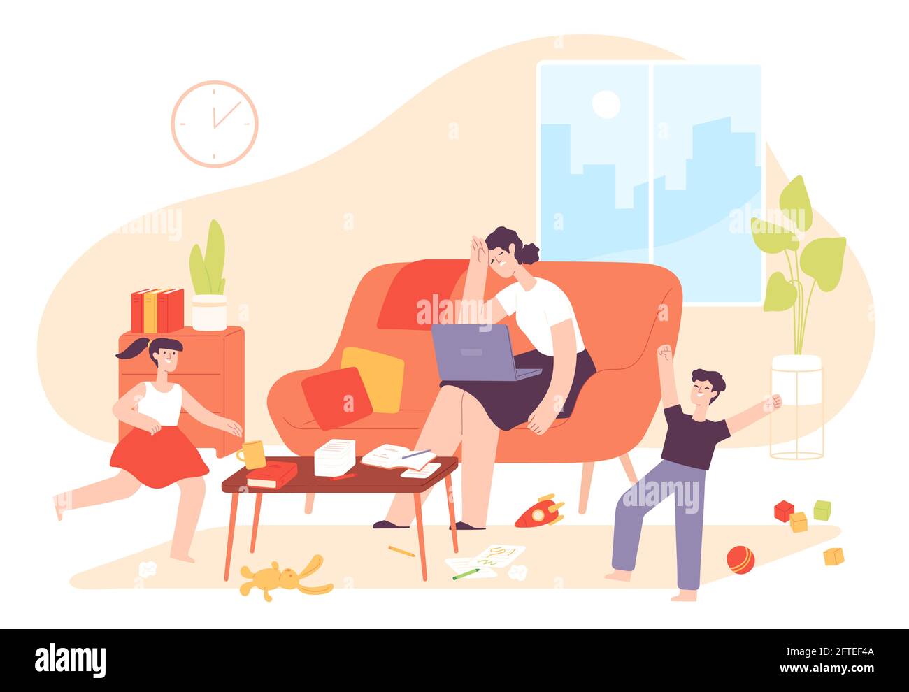 Mother work from home. Hyperactive kids and tired mom with laptop in ...