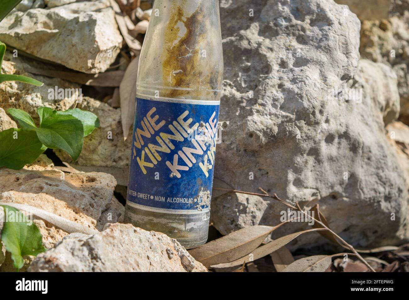 RAB, MALTA - Dec 29, 2019: An old glass bottle of Kinnie, a Maltese ...