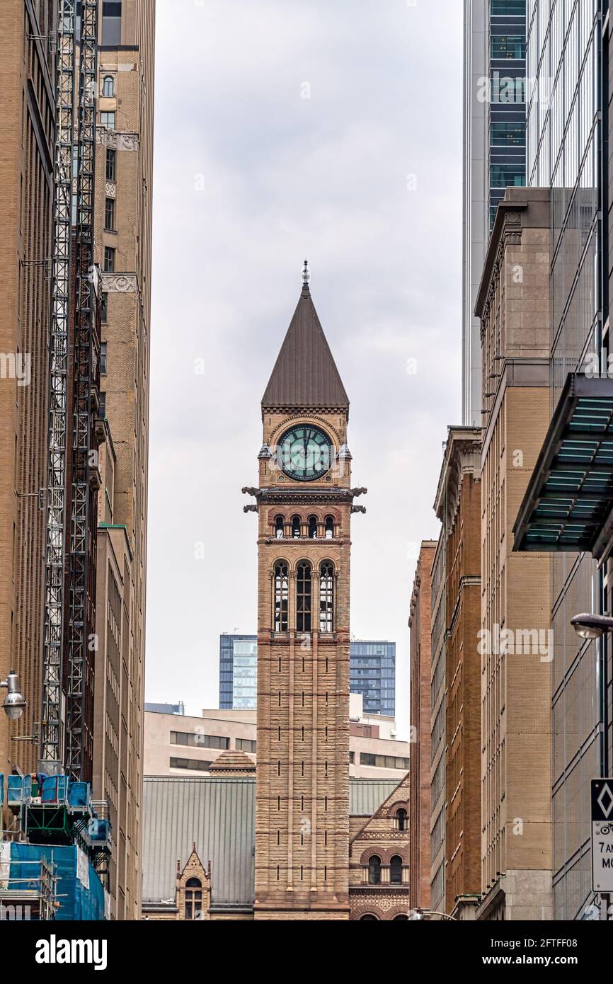 Old City Hall clock tower seen from Bay Street in the Toronto downtown ...