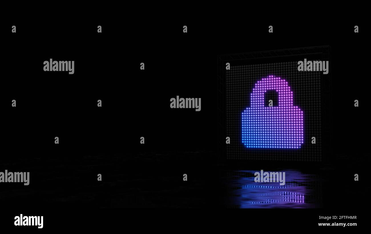 3d rendering light wall with blue violet spots shaped as symbol of lock ...