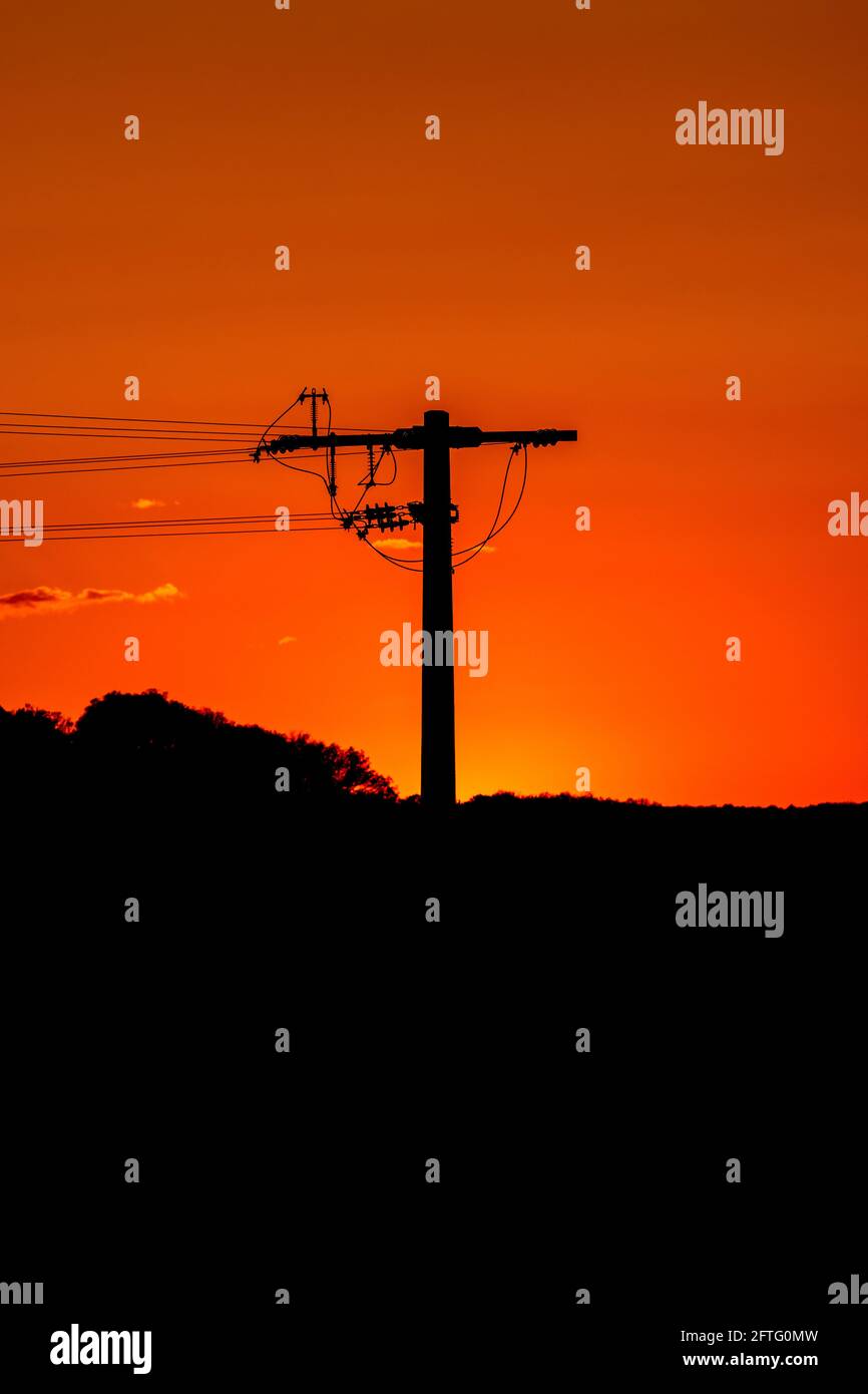 Sunset and silhouetted electricity poles - central France Stock Photo ...