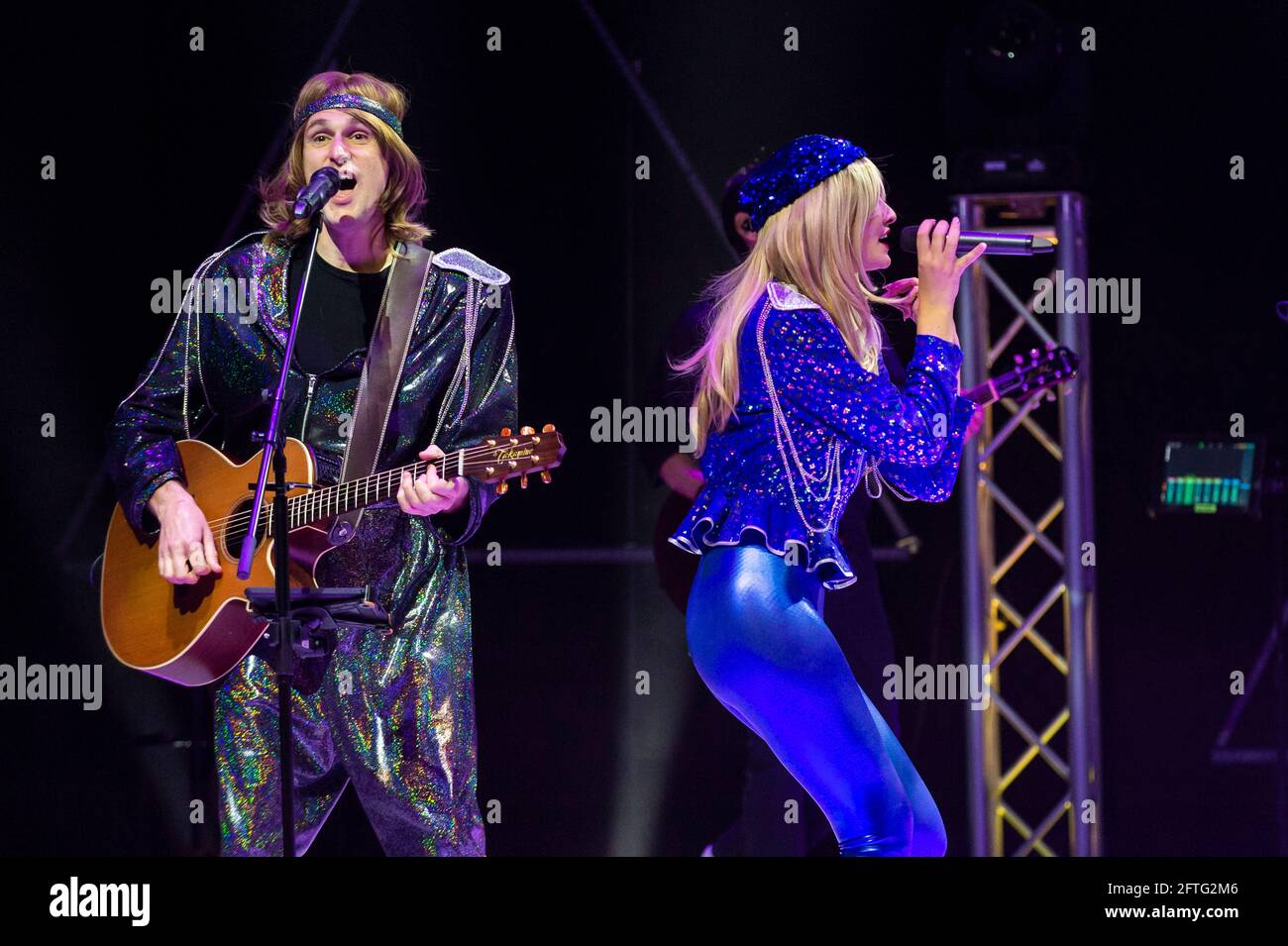 London, UK. 21st May, 2021. The cast of ABBA MANIA perform at a ...
