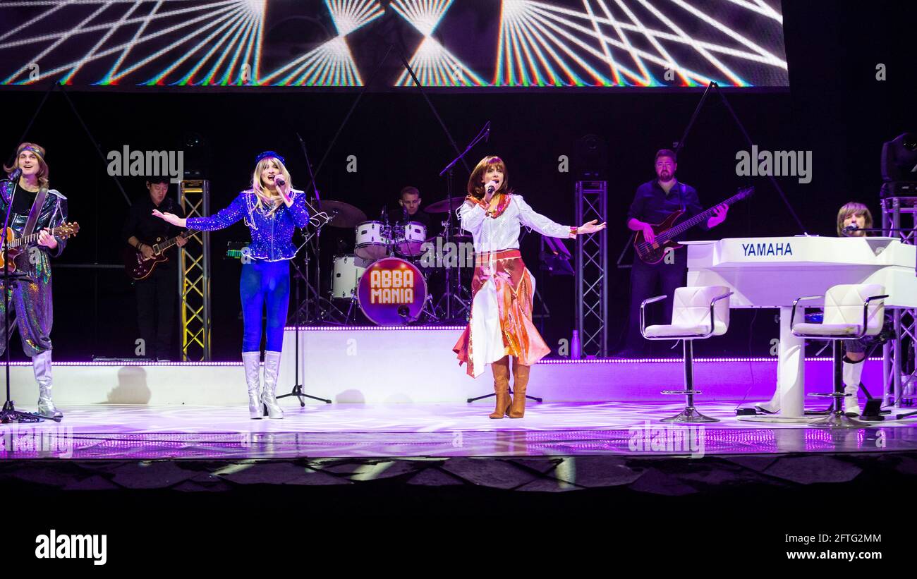 London, UK. 21st May, 2021. The cast of ABBA MANIA perform at a ...
