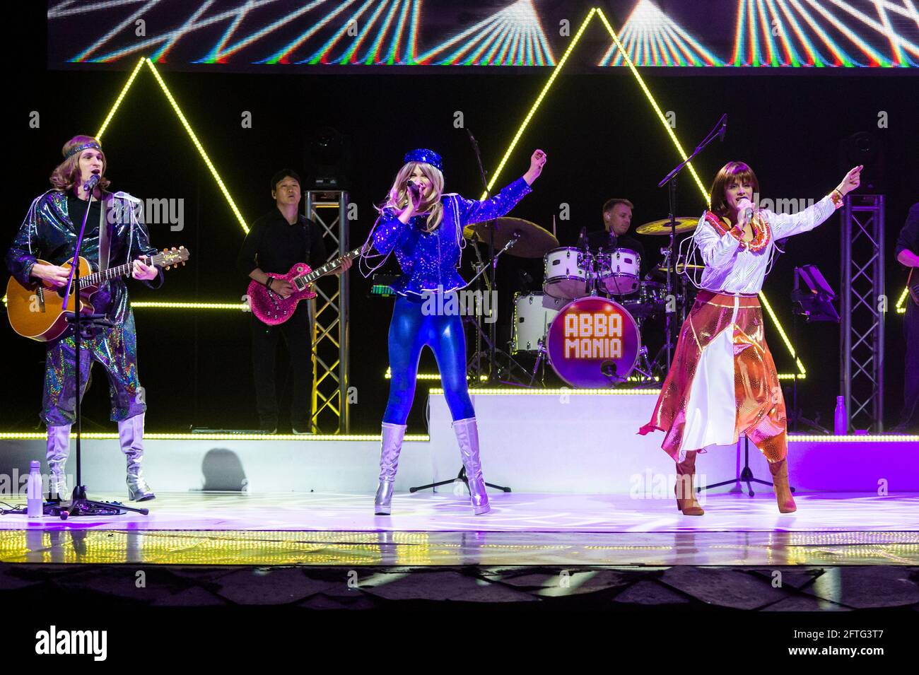 London, UK. 21st May, 2021. The cast of ABBA MANIA perform at a ...